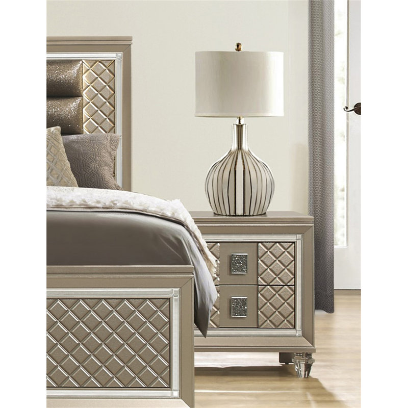 Rosdorf Park Glamorous Champagne Finish 1Pc Nightstand Of 2 Drawers Acrylic Feet Bedside Table Luxury Bedroom Furniture Beveled Mirror Trim Wayfair